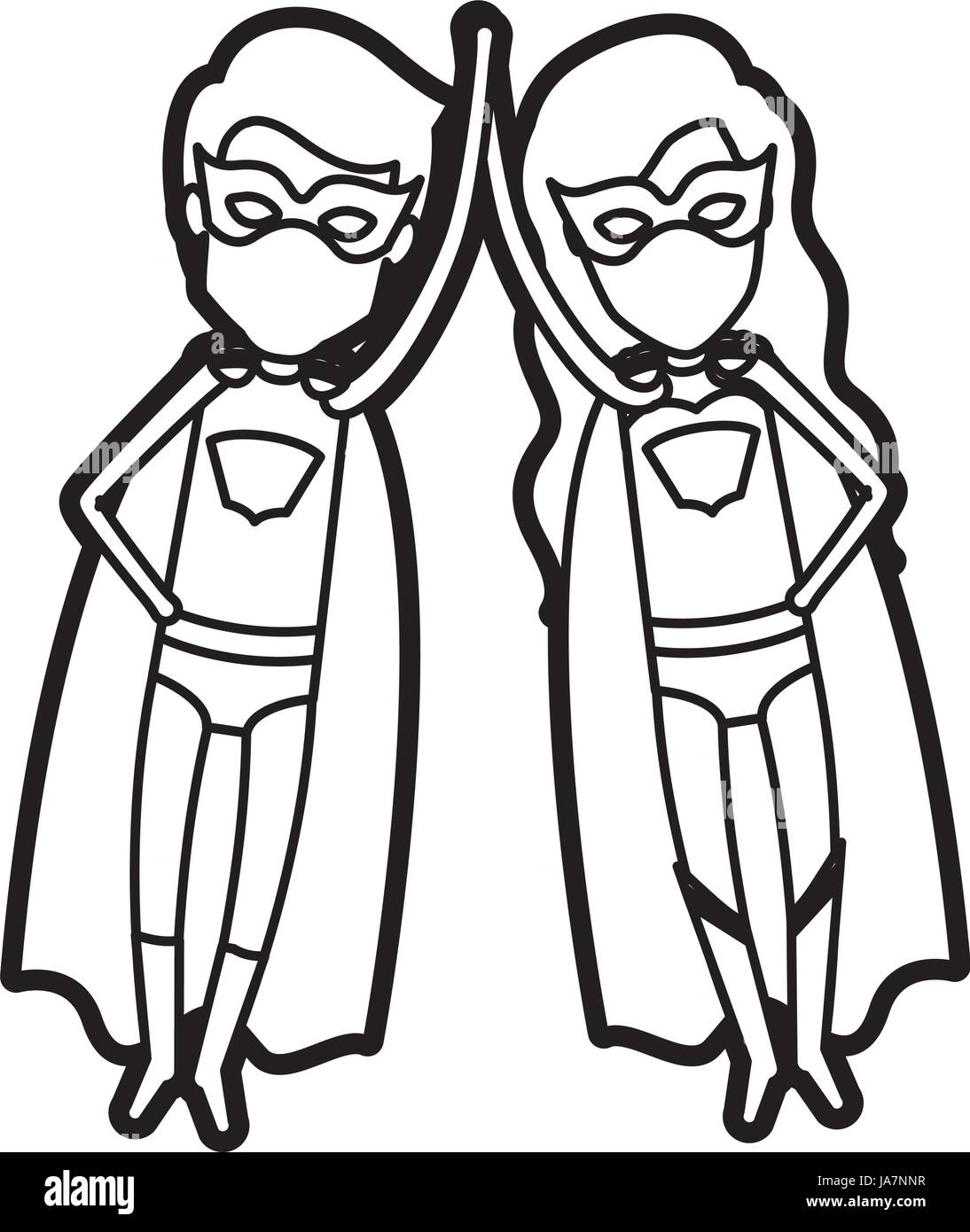 monochrome thick contour of faceless couple of superheroes flying and ...