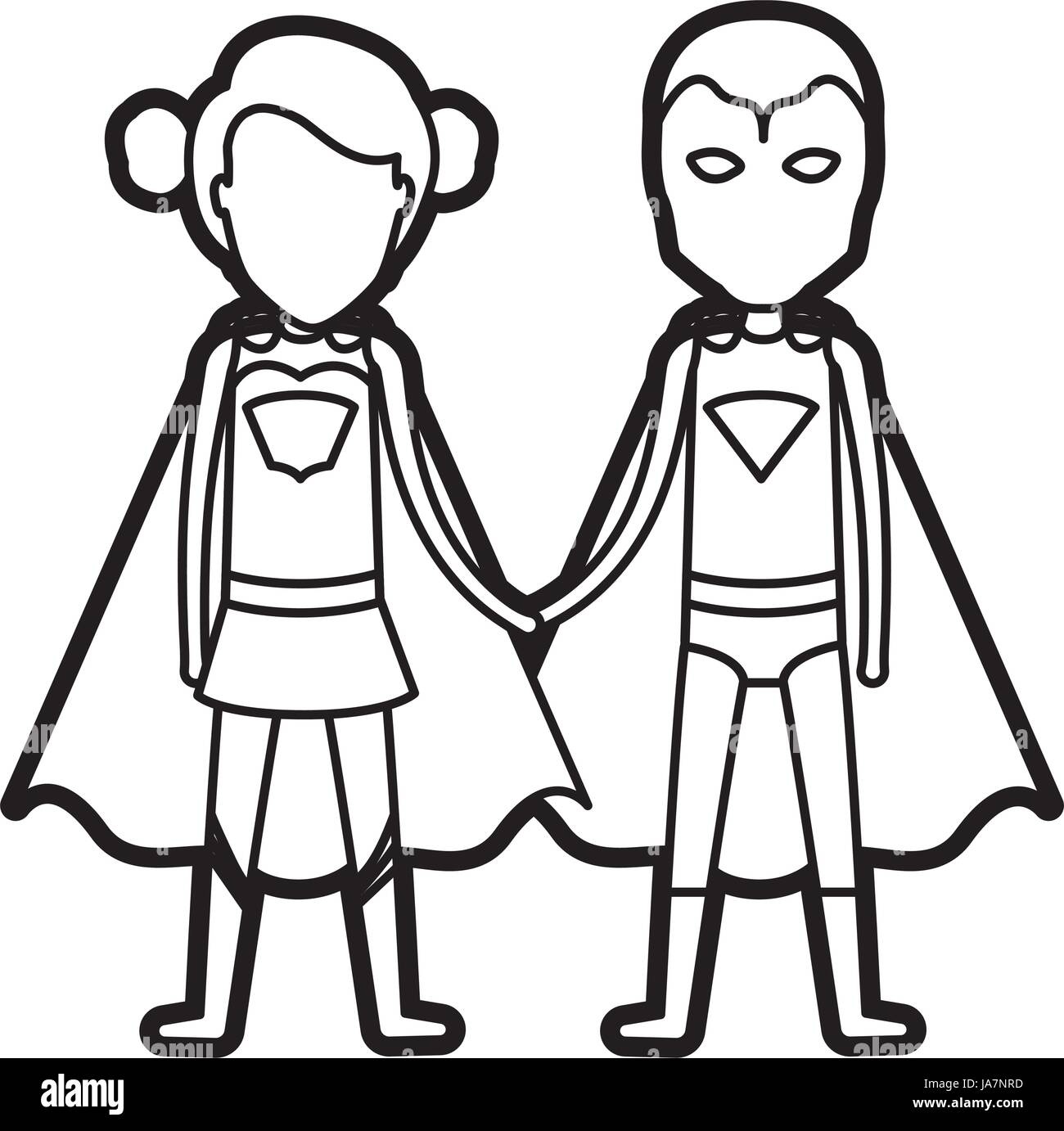 monochrome thick contour of faceless duo of superheroes united of the ...