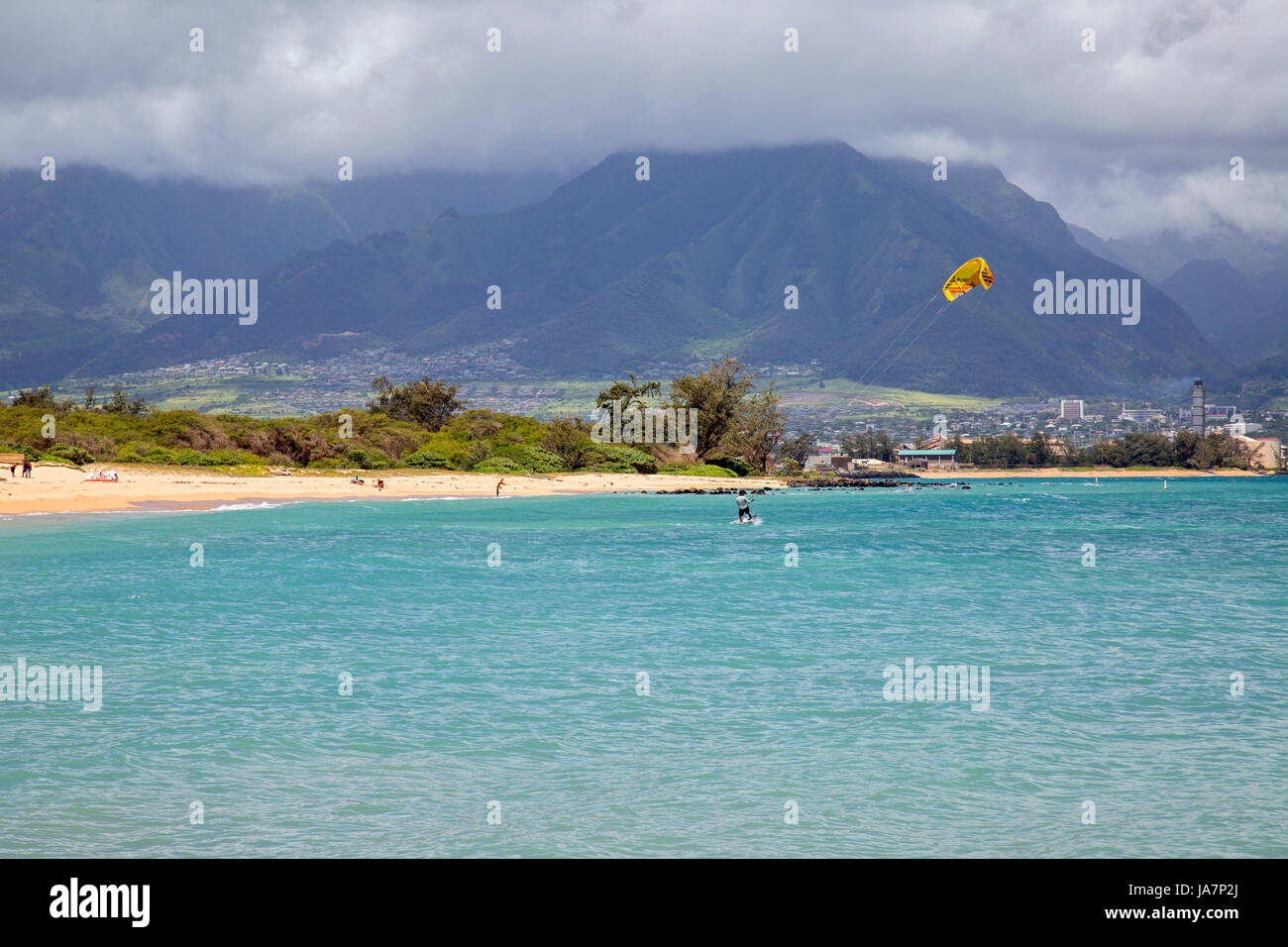 Kanaha park beach with kite surfer and with of West Maui Mountains ...