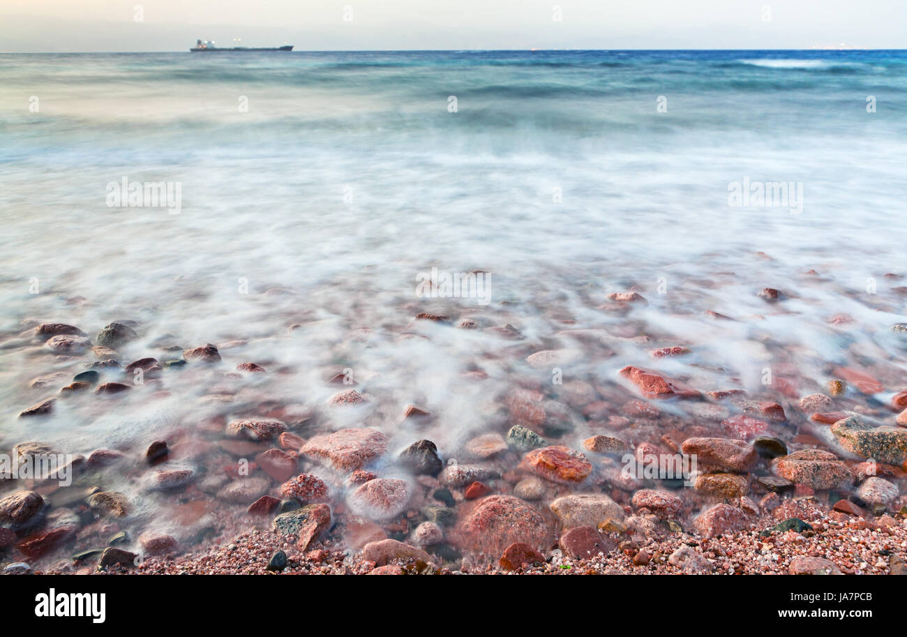 blue, horizon, stone, sunset, beach, seaside, the beach, seashore, soft ...