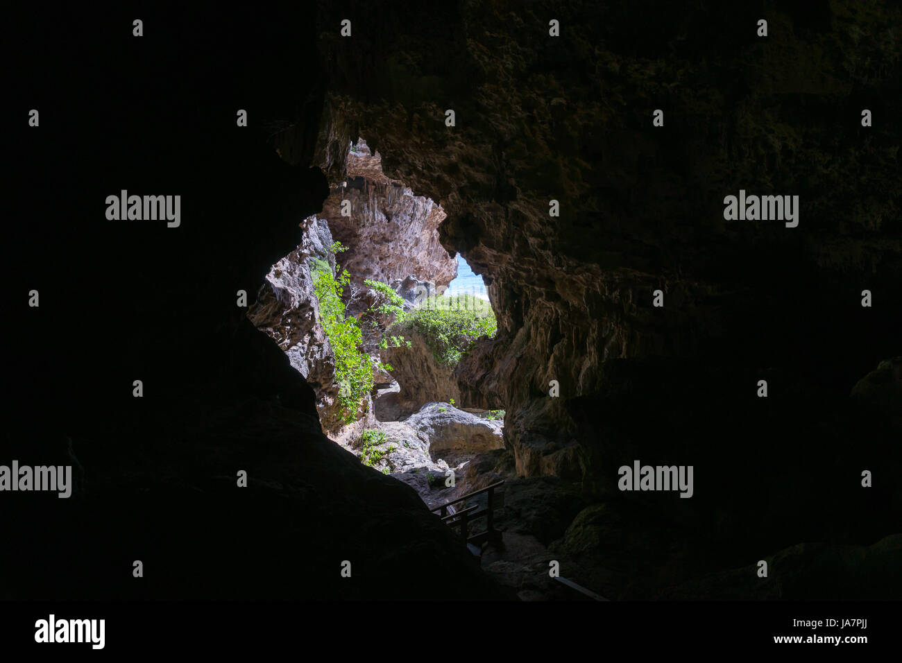 Coastal landscape through dark limestones Avaiki Cave leading to rugged ...
