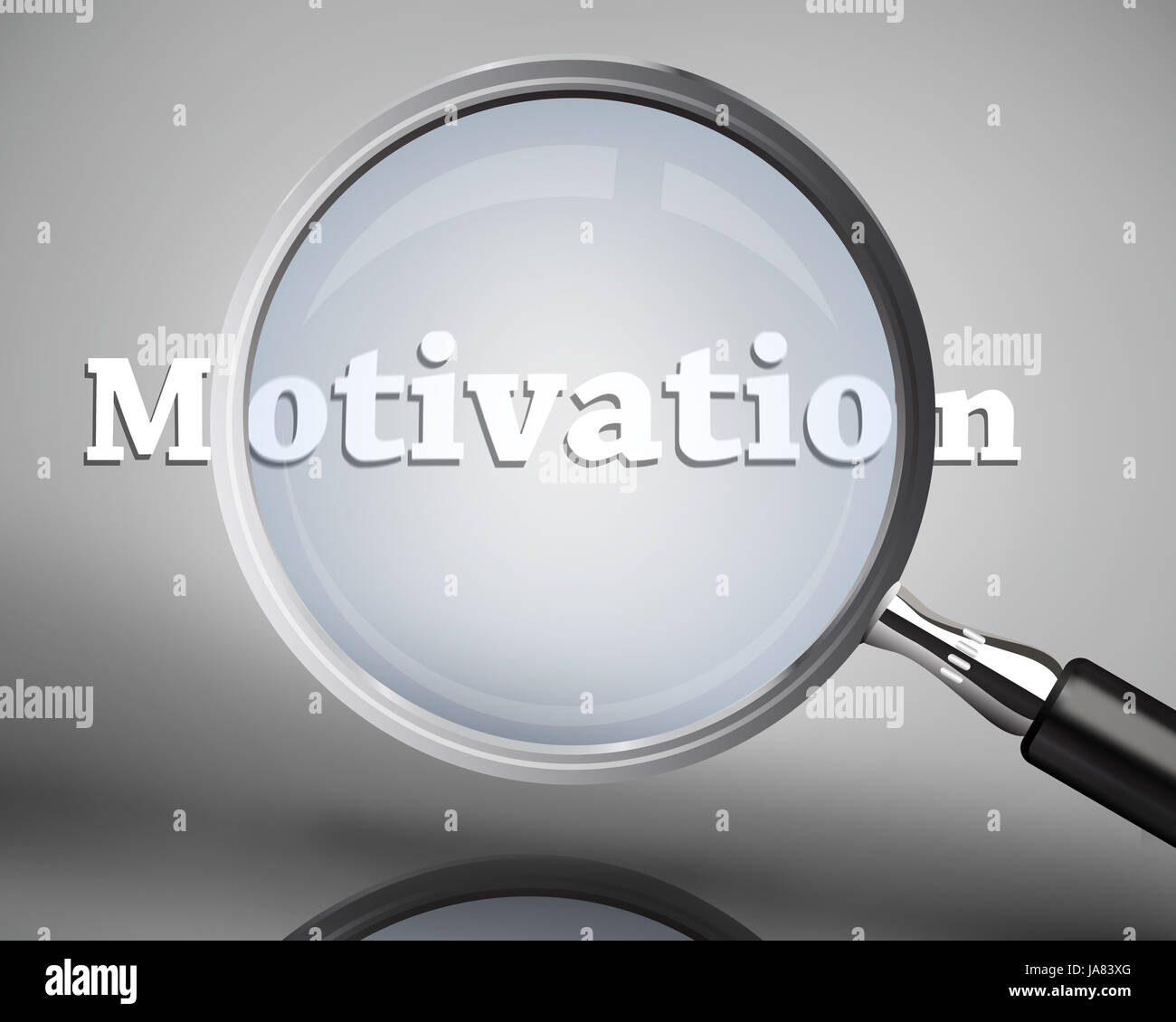 Magnifying glass showing motivation word in white on grey background ...