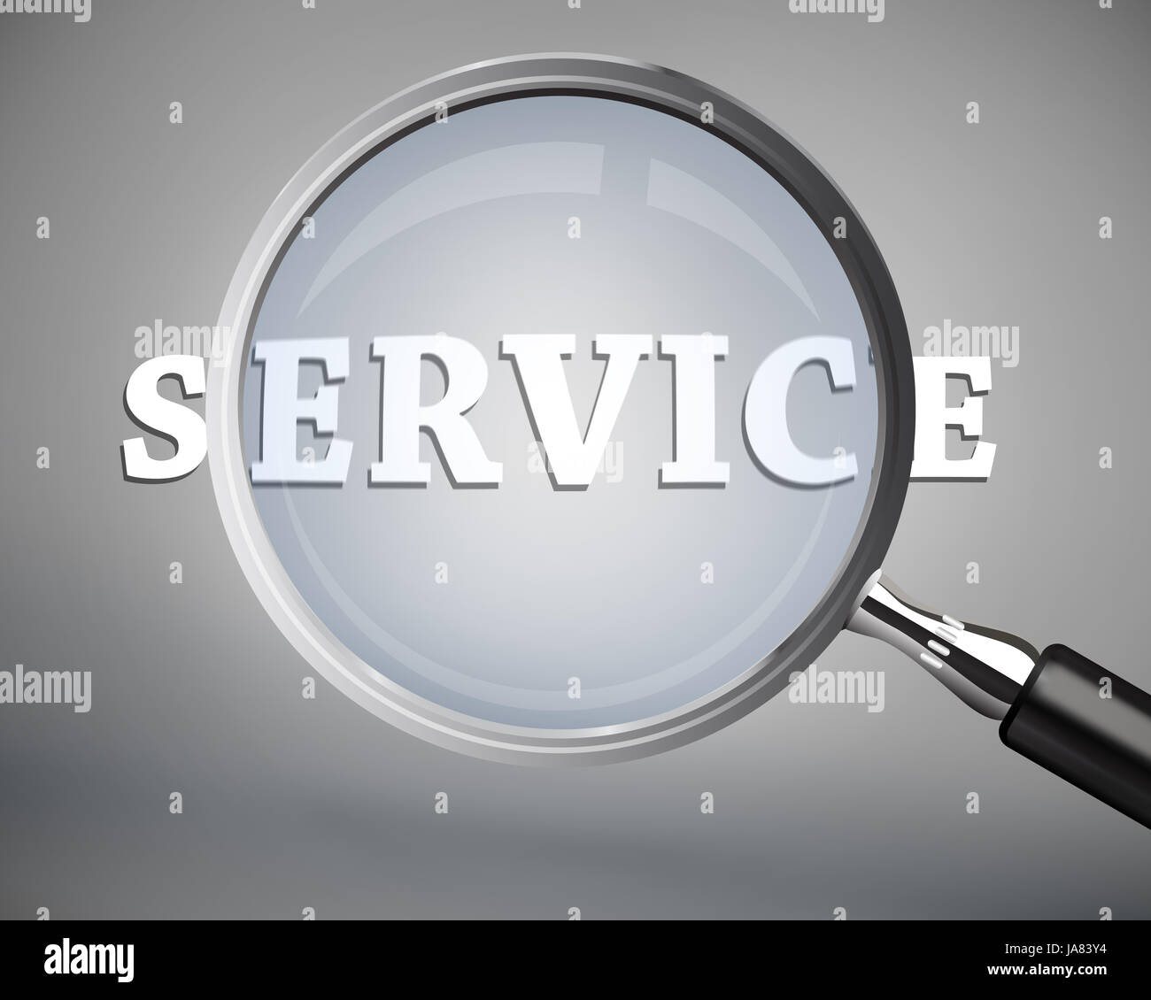 Magnifying glass showing service word in white on grey background Stock ...