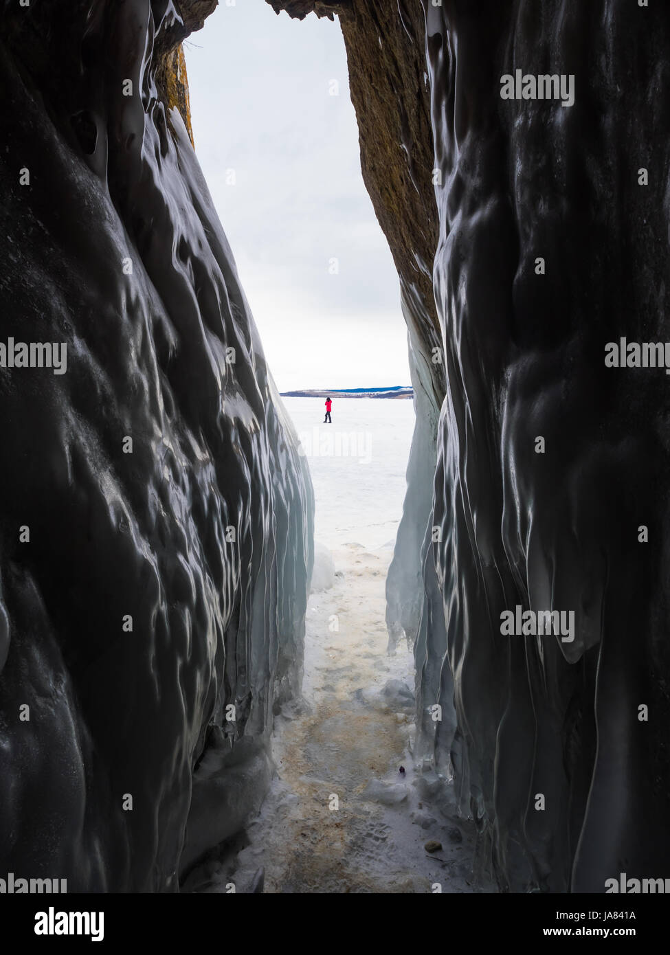 Ice covered the wall of ice cave in Frozen Baikal, Russia Stock Photo ...