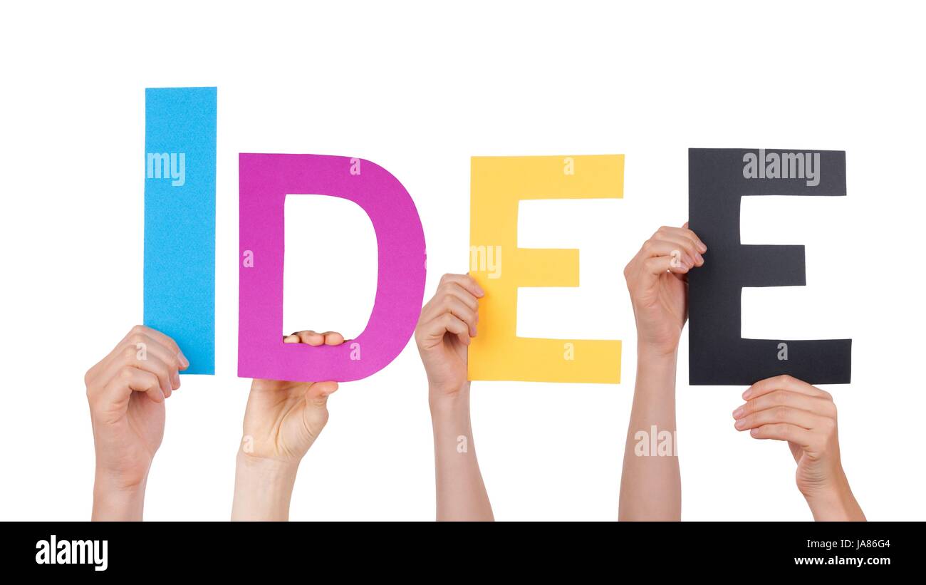 Hands Holding the German Word Idee Which Means Idea, Isolated Stock ...