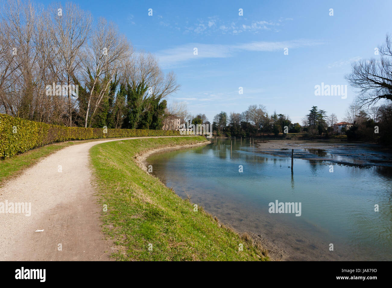 Walk path along Sile river. Sile river natural park, Italy. Sport and ...