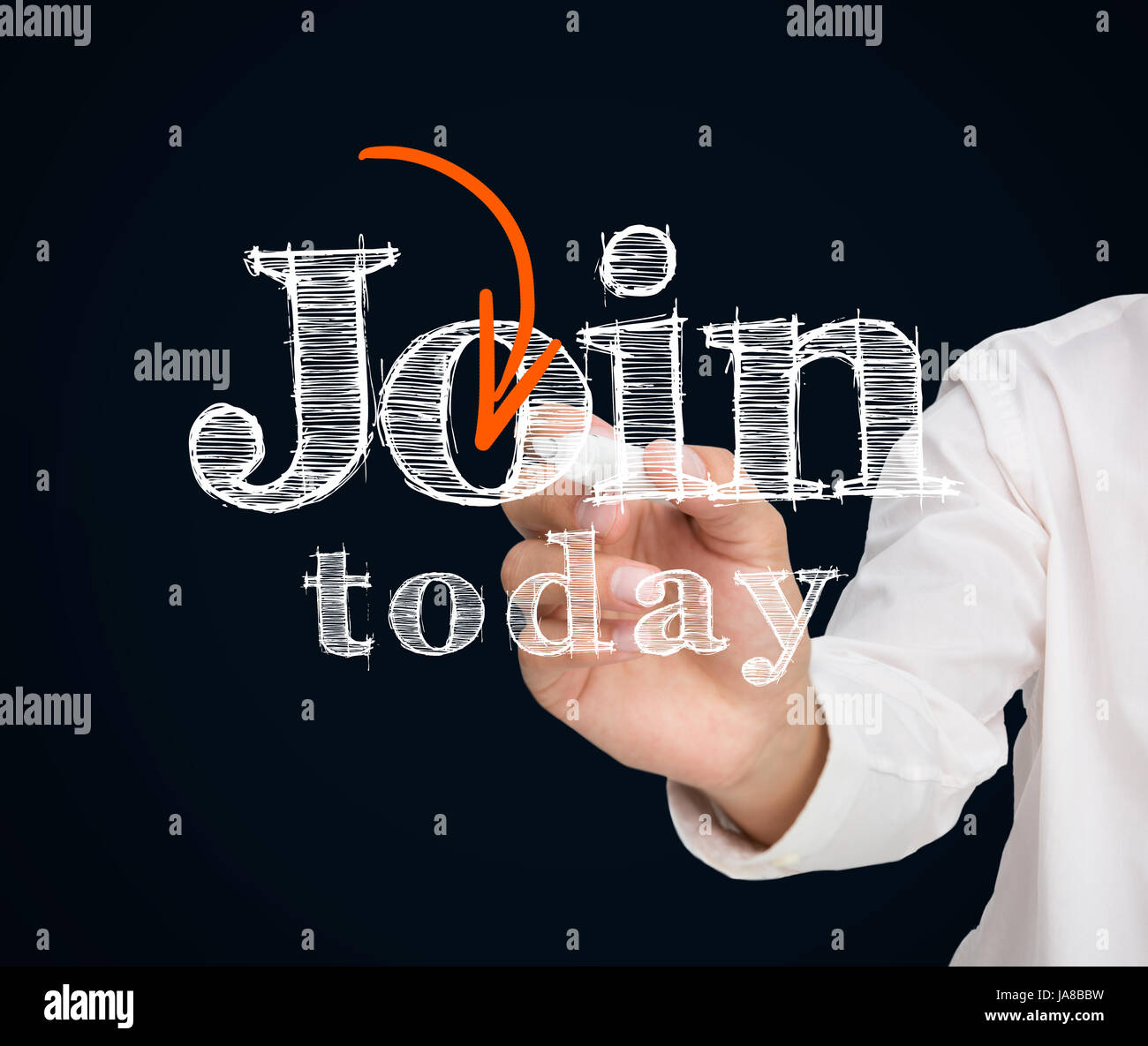 Buisnessman drawing join today message on black background with orange ...