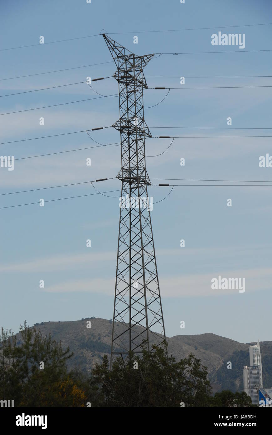 blue, high tension, transmission line, firmament, sky, cable, current ...