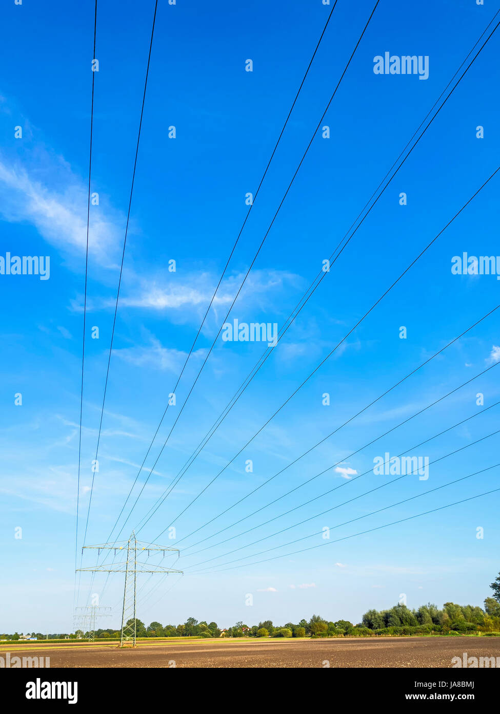 blue, field, energy, power, electricity, electric power, pole, cable ...
