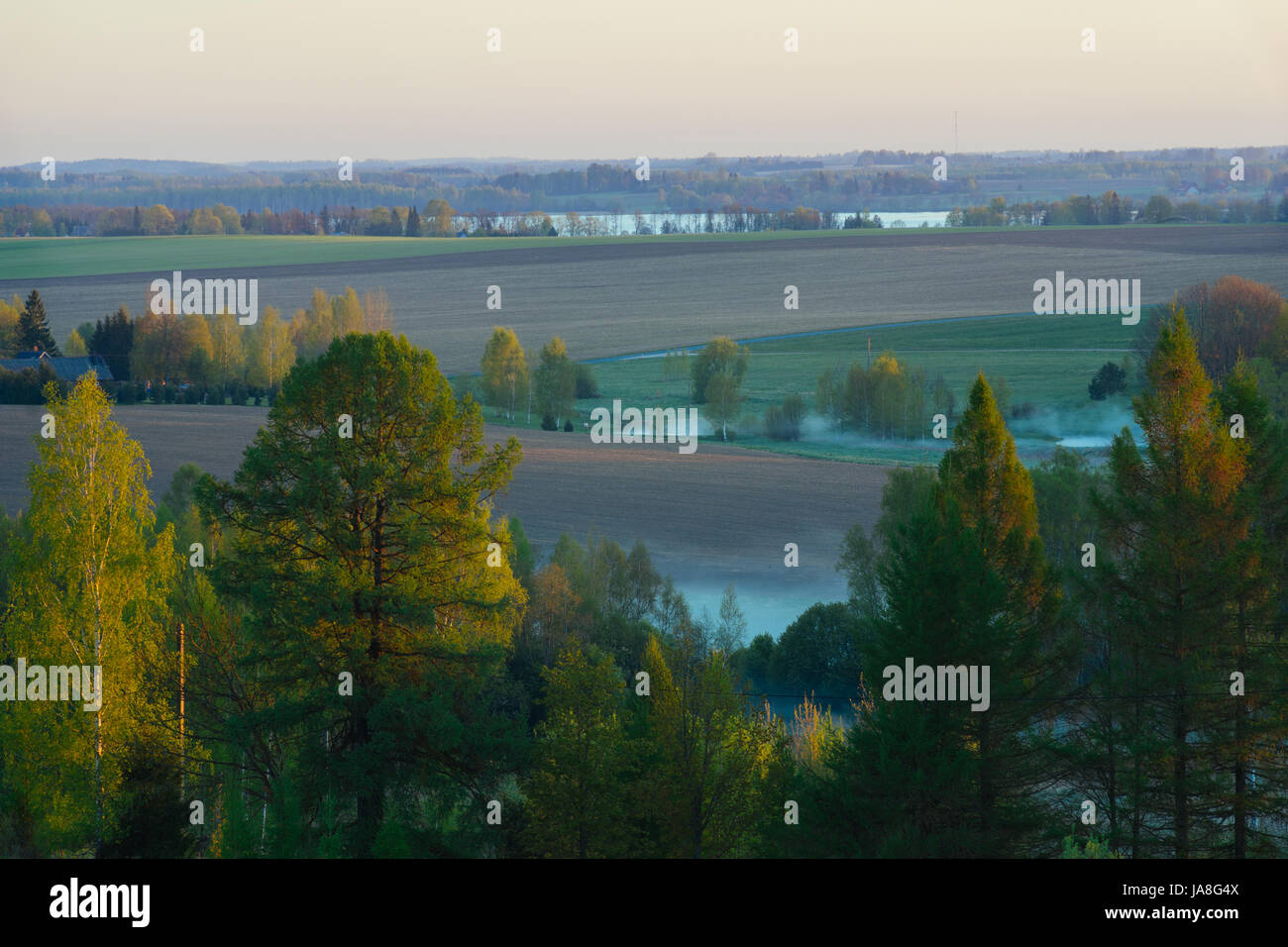 Aerial view green countryside meadows dawn hi-res stock photography and ...