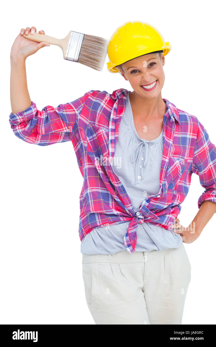 Happy handy woman looking at camera on white background Stock Photo - Alamy