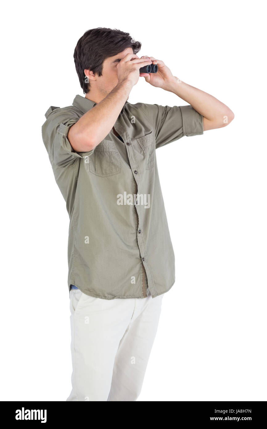 Man looking for something with binoculars on a white background Stock ...