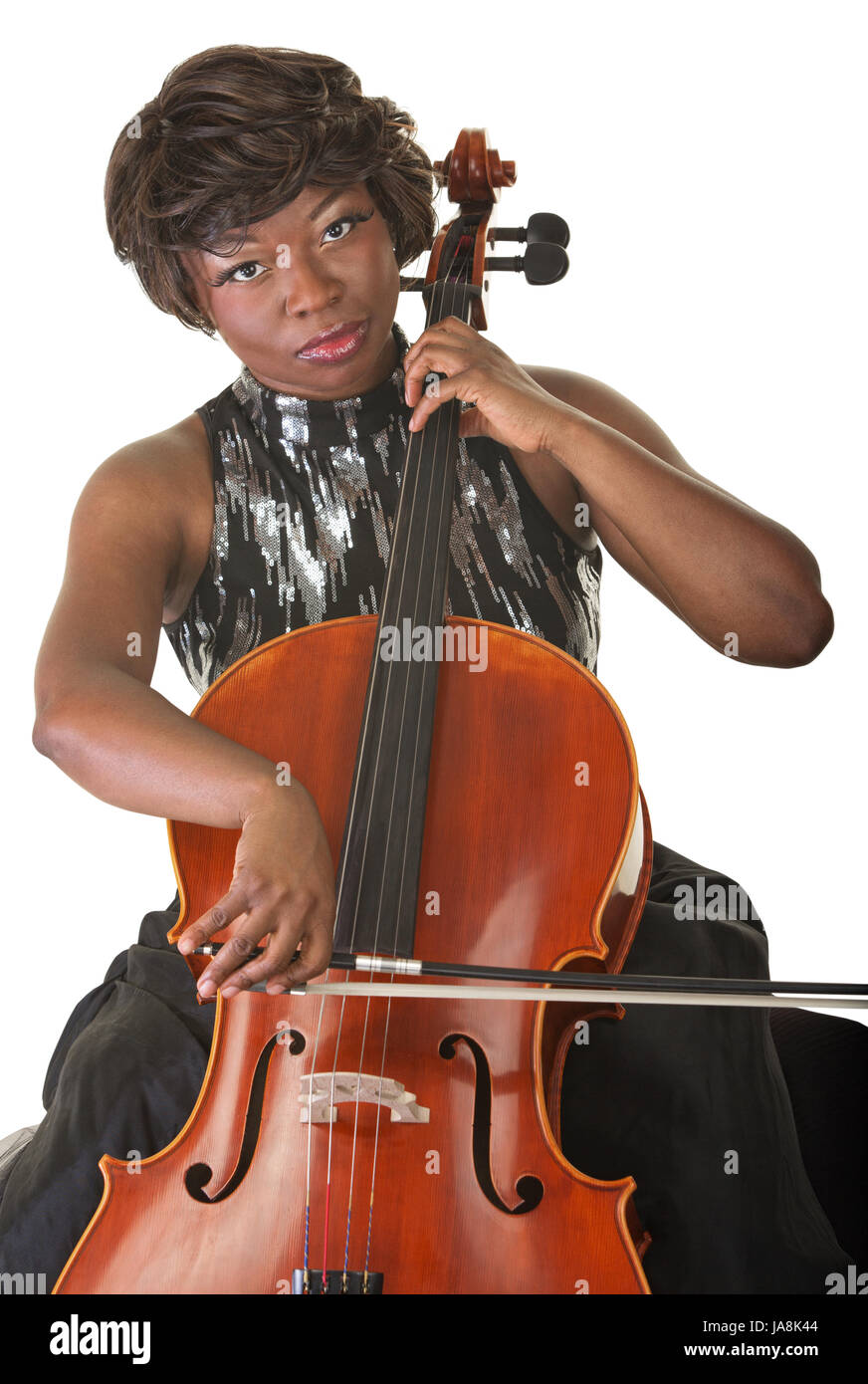 Isolated beautiful woman playing a cello Stock Photo - Alamy