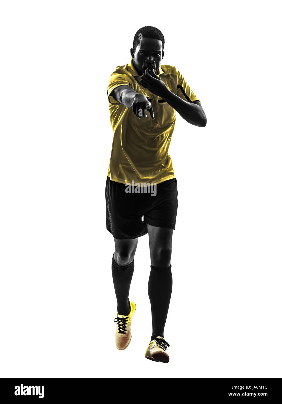 one african man referee running whistling in silhouette on white ...