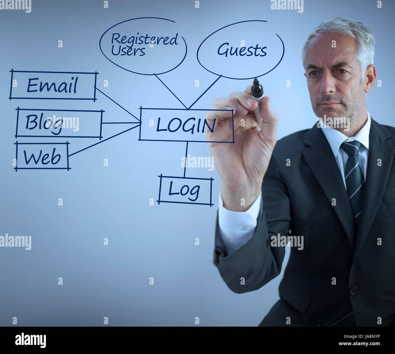 Elegant businessman writing login terms on blue background Stock Photo ...