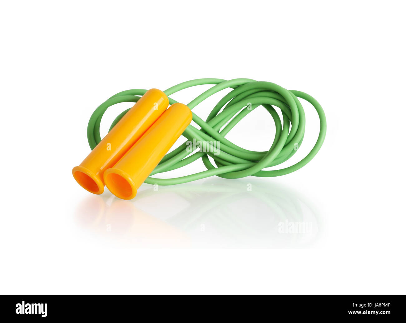 Green jump rope with yellow handles on white background. Clipping path ...