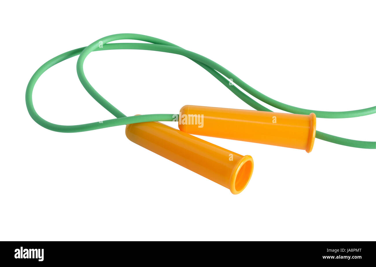 Green jump rope with yellow handles on white background. Clipping path ...