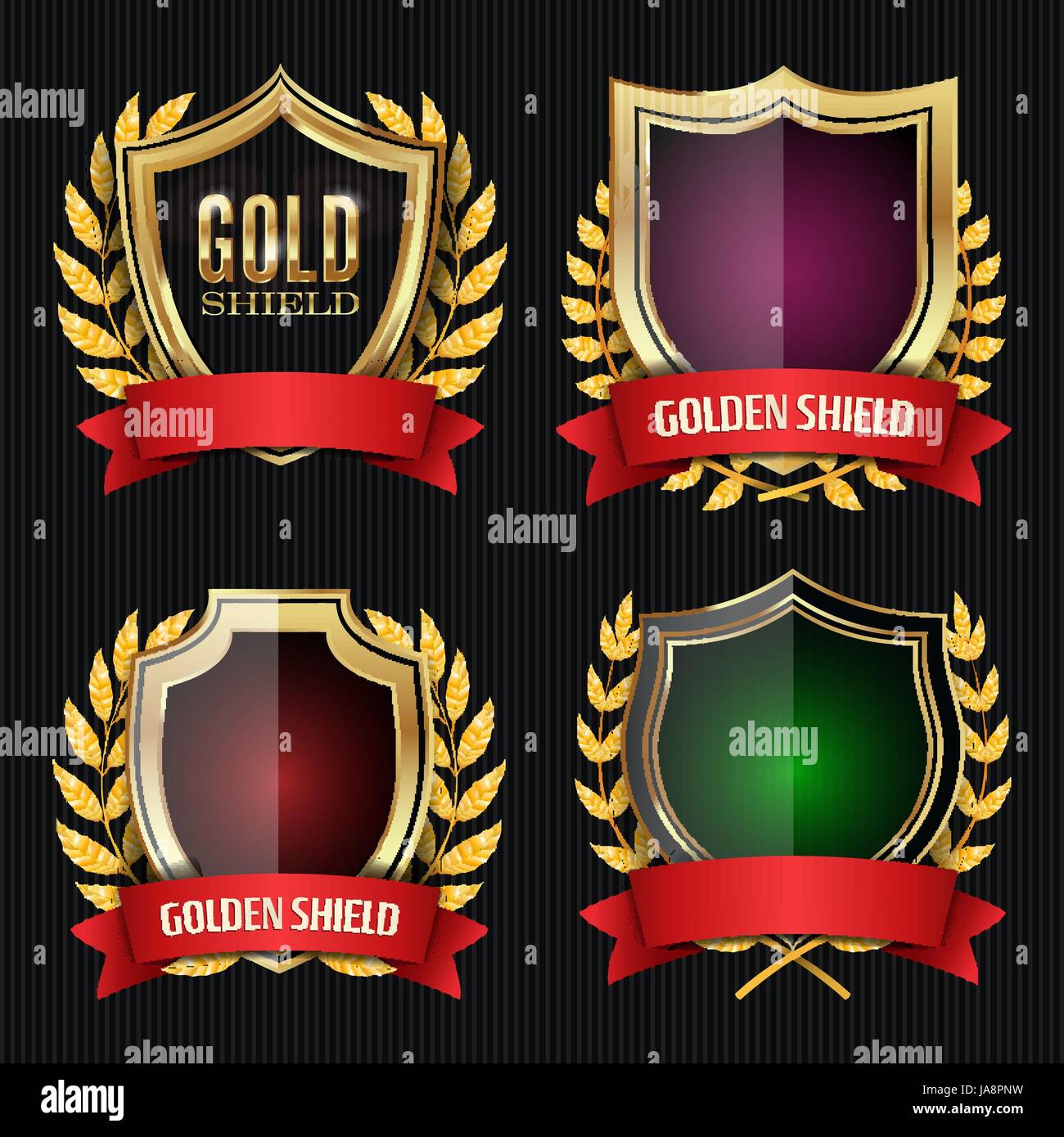 Golden Shield Set With Laurel Wreath And Red Ribbon. Vector ...