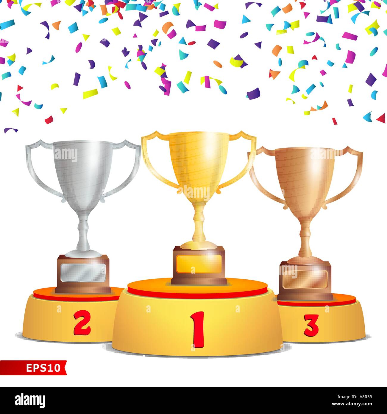 Trophy Cups On Podium. Golden, Bronze, Silver. Winners Pedestal Concept ...