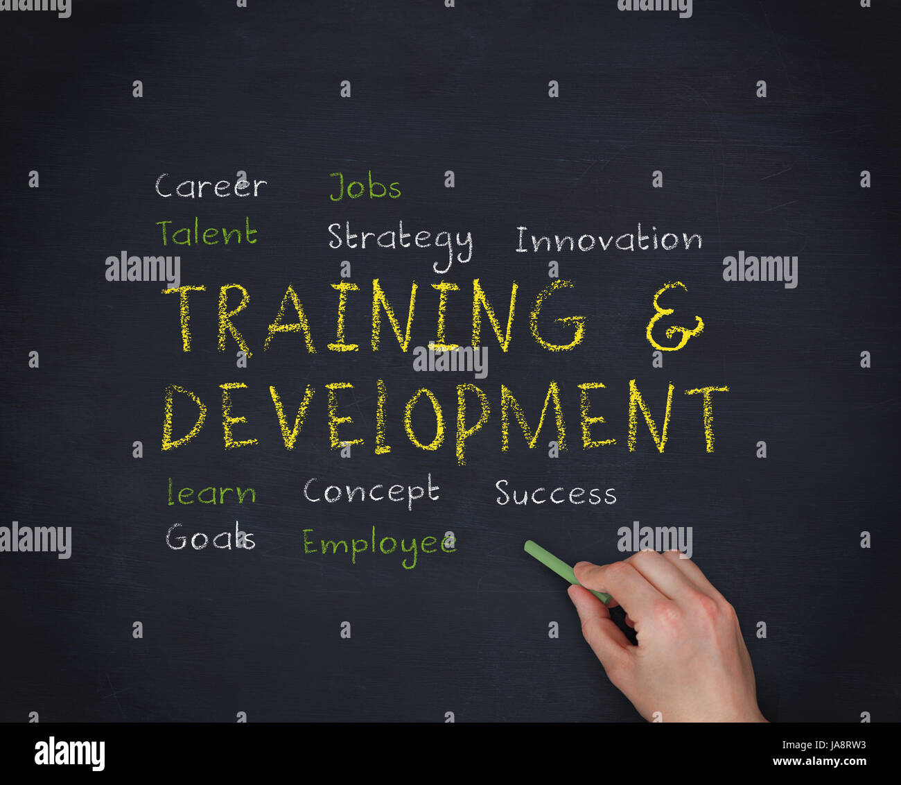 Hand writing training and development with a chalk on black background ...