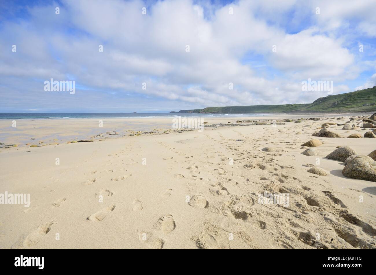 Large Empty Beach with footprints in Sand Stock Photo - Alamy