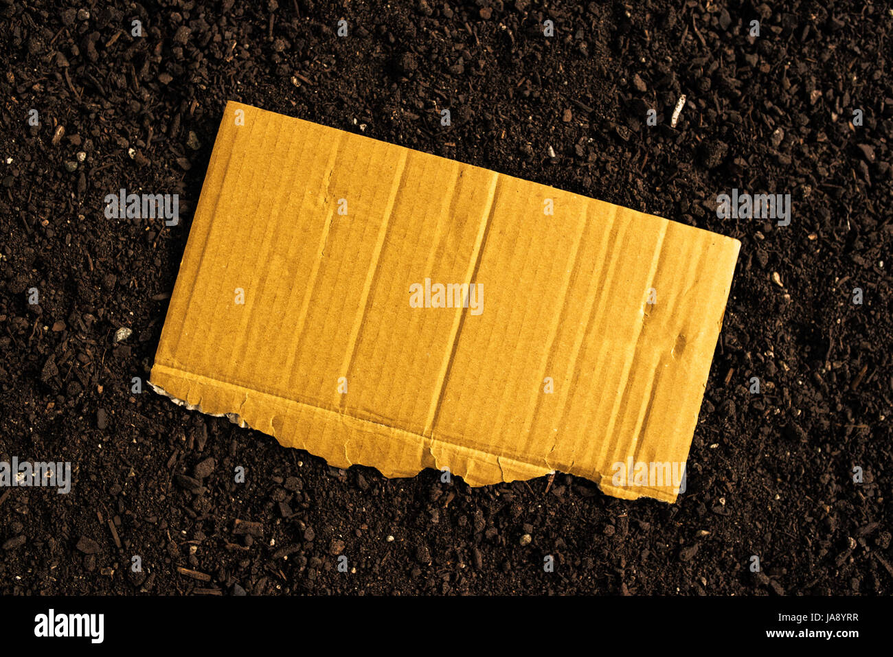 Piece of cardboard paper on fertile soil grounds as copy space Stock ...
