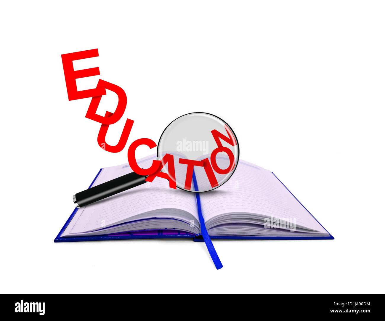 Magnifying Glass with Open Book and Floating Words Stock Photo - Alamy