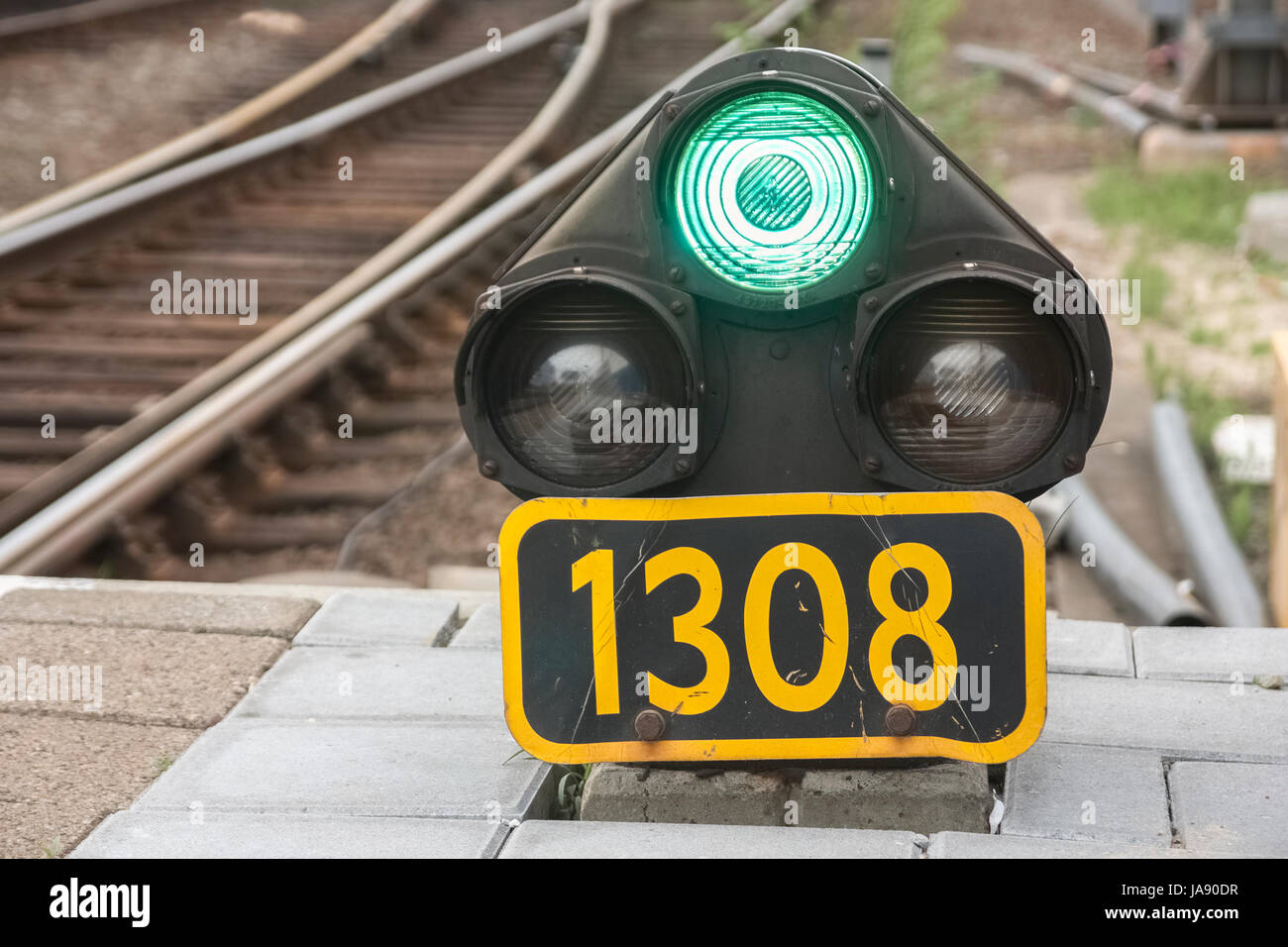 Traffic light shows green signal on railway. Green light Stock Photo ...