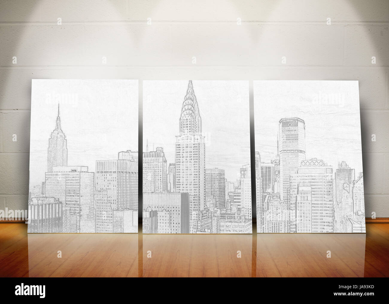 Three posters representing a big city standing in line against a wall ...
