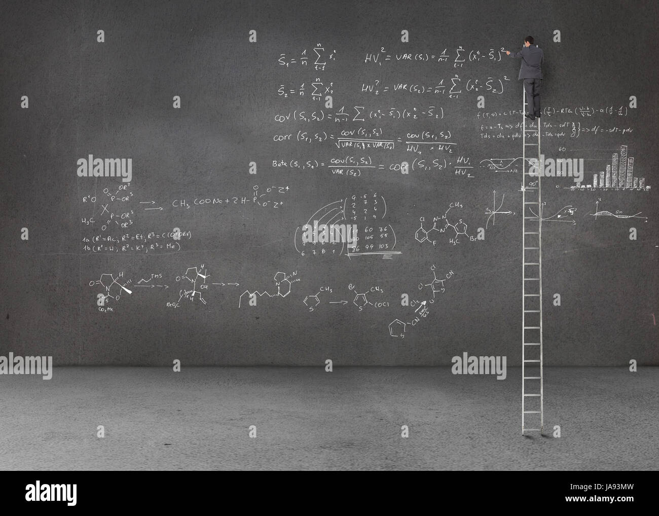 Businessman standing on a giant ladder and writing maths equations on a ...