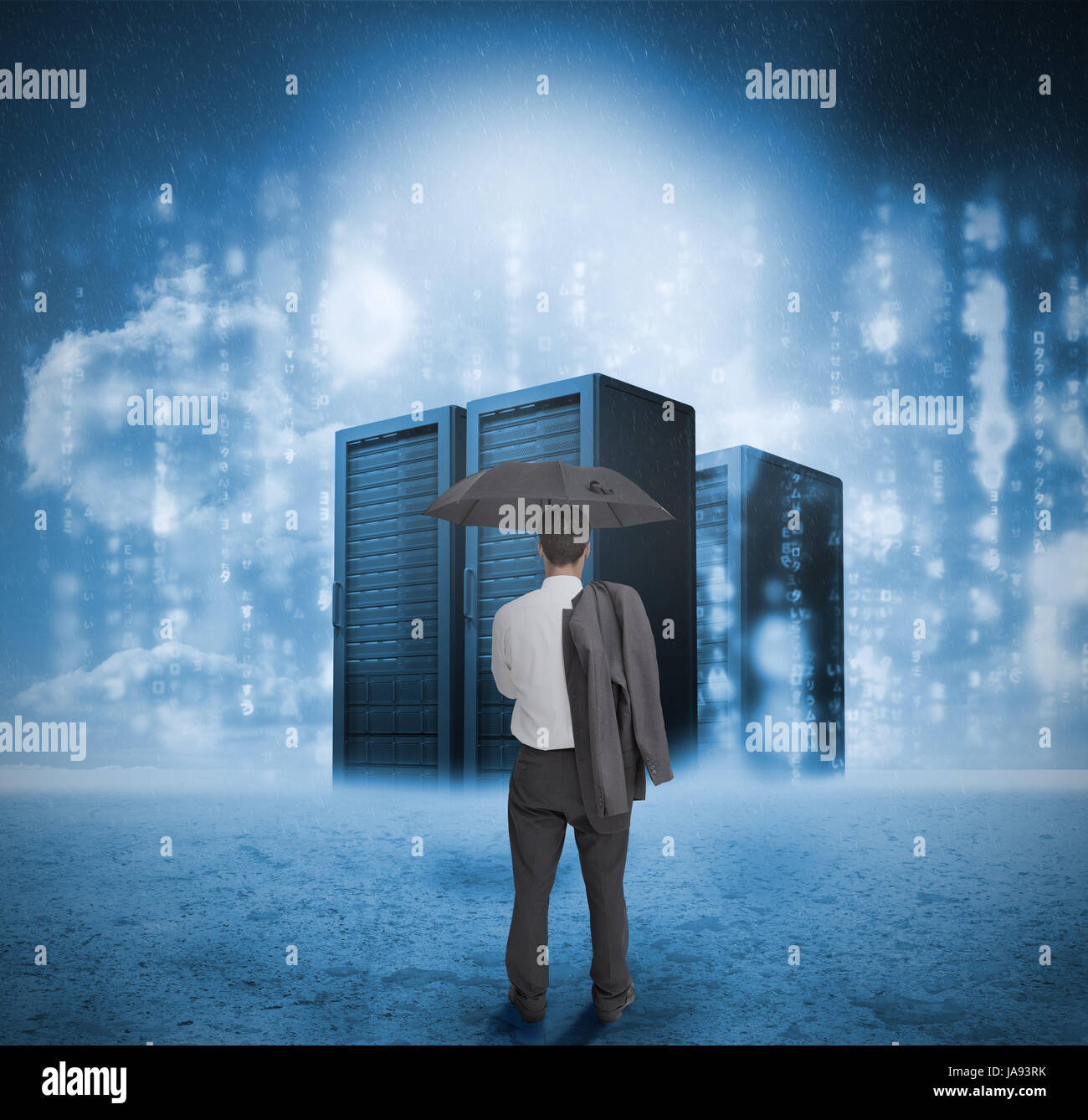 Businessman looking at blue servers with falling matrix Stock Photo - Alamy