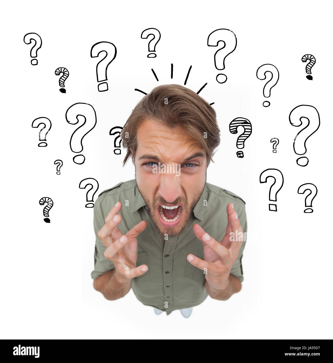 Irritated man gesturing and yelling with question marks on the ...