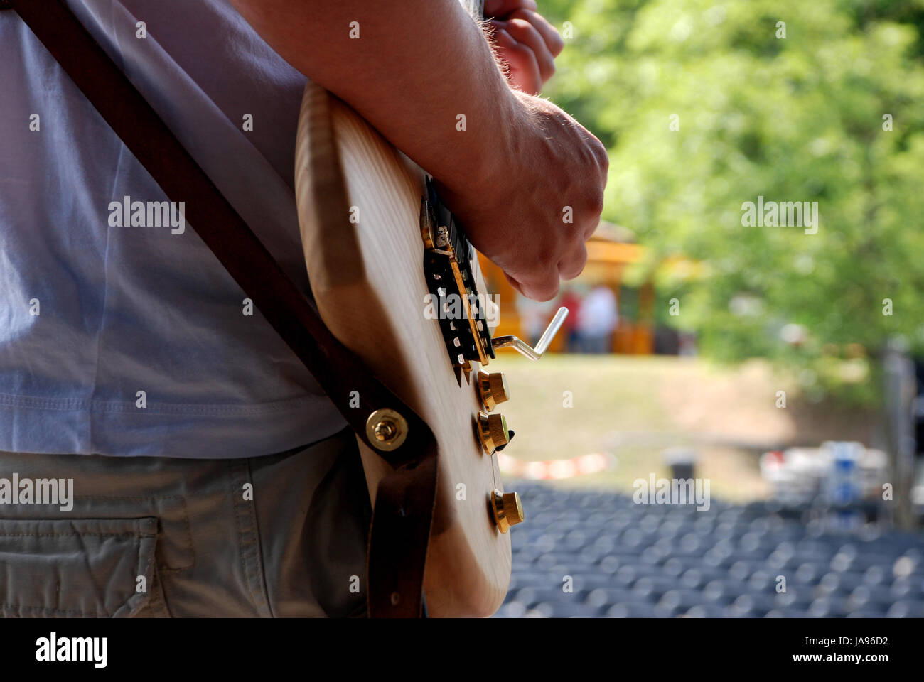 Musician plays his electric guitar during a soundcheck on stage Stock ...