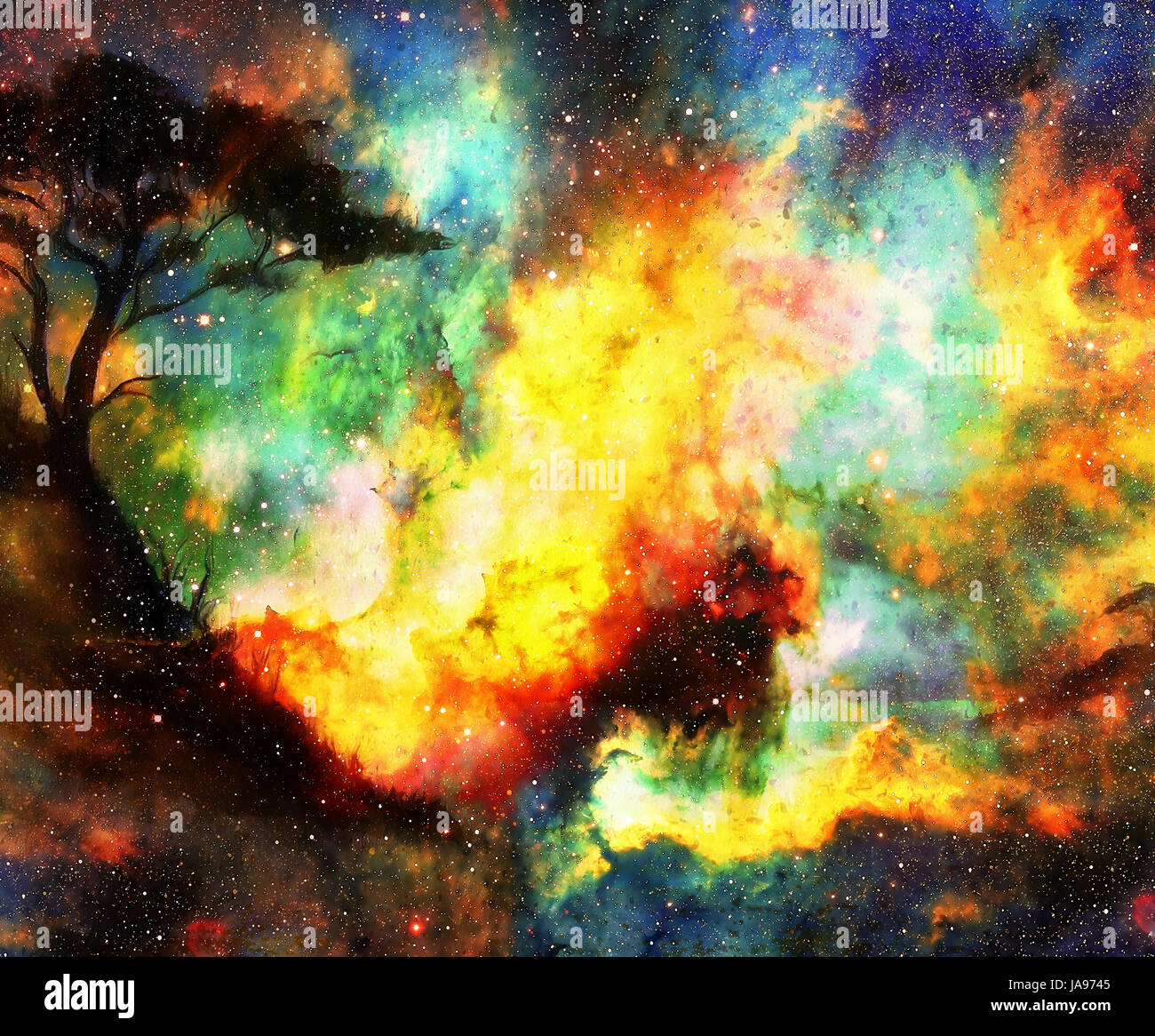 Tree in cosmic space background. color collage Stock Photo - Alamy