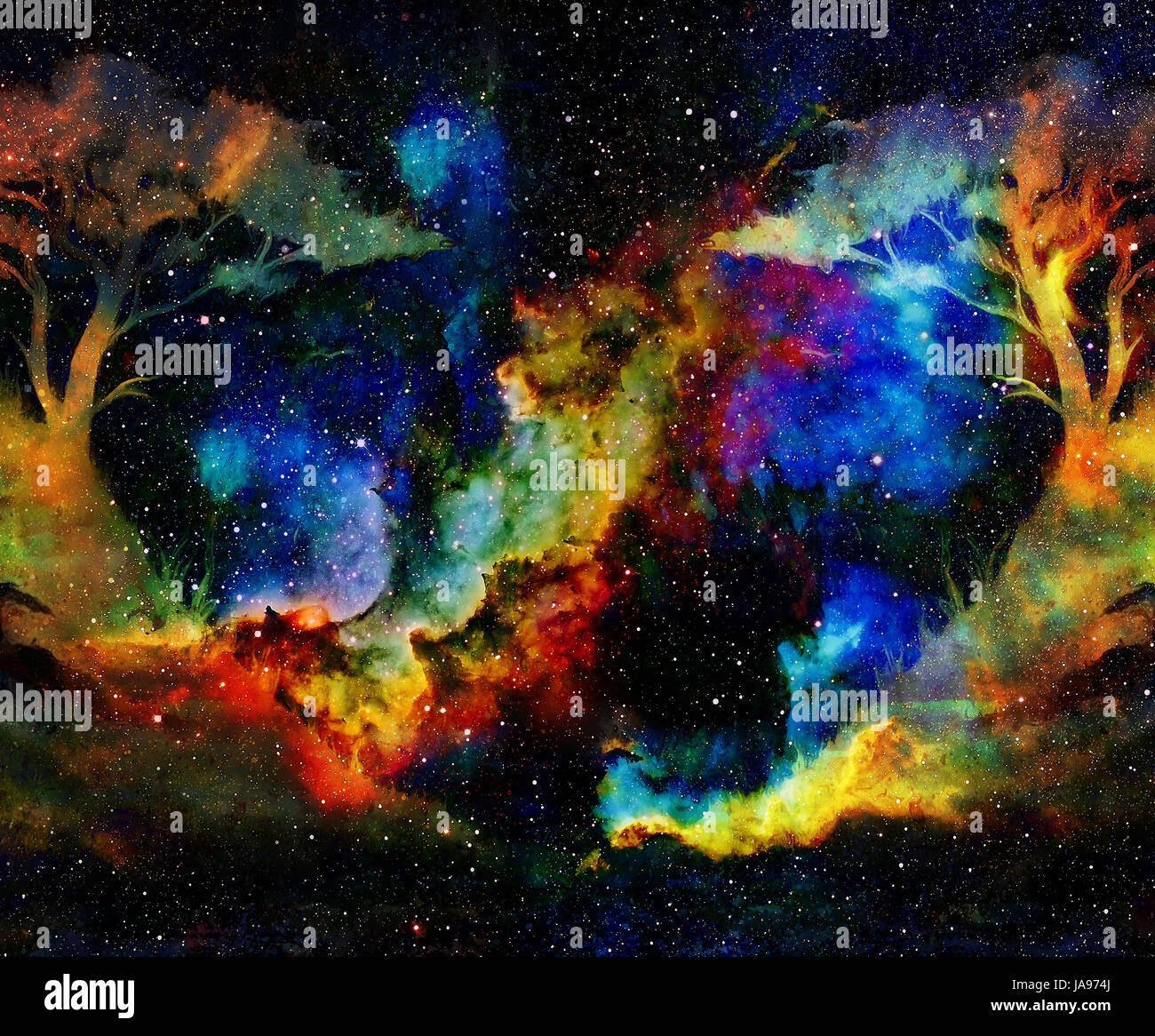 Tree in cosmic space background. color collage Stock Photo - Alamy