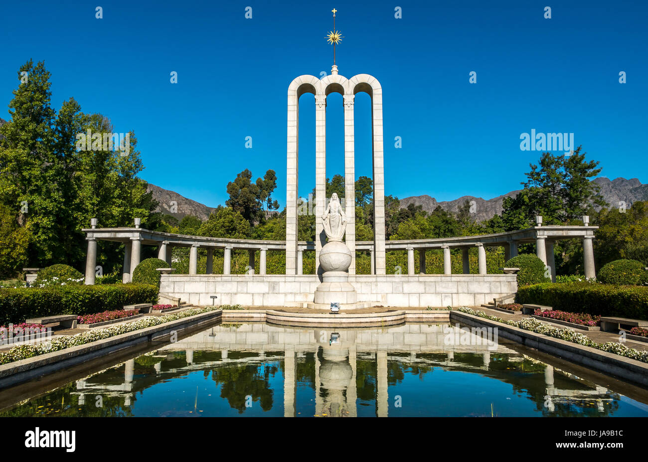 French Huguenot memorial monument, Franschhoek, South Africa, with blue ...