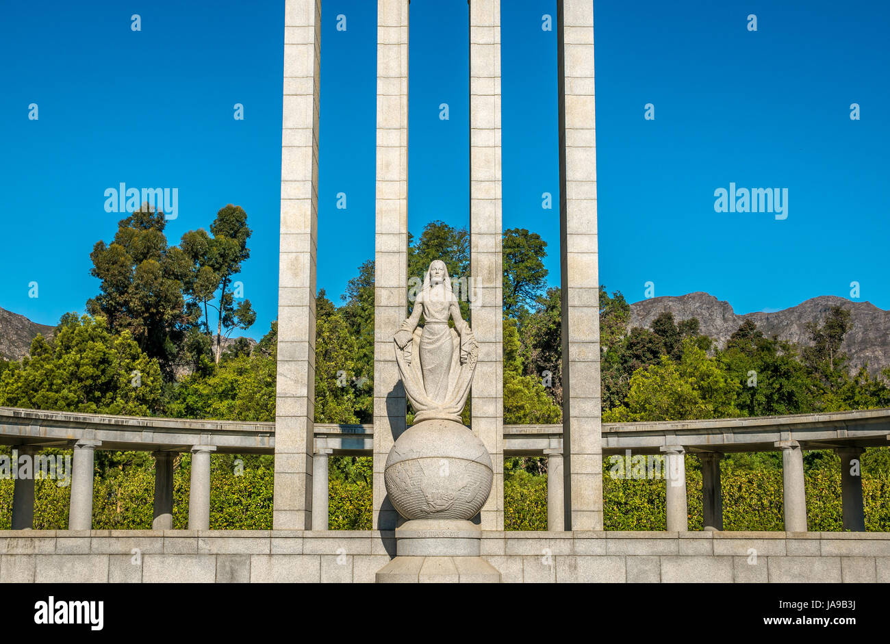 French Huguenot memorial monument, Franschhoek, South Africa, with blue ...