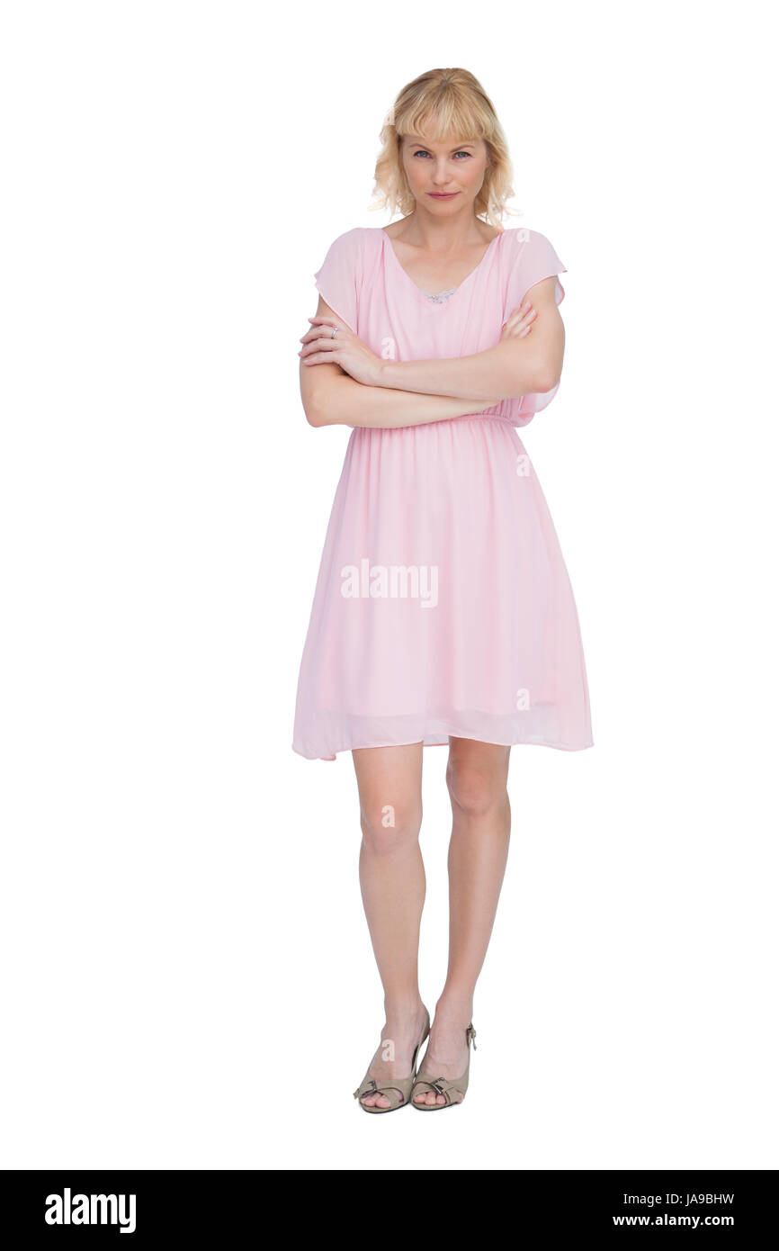 Reproachful blonde posing against white background Stock Photo - Alamy