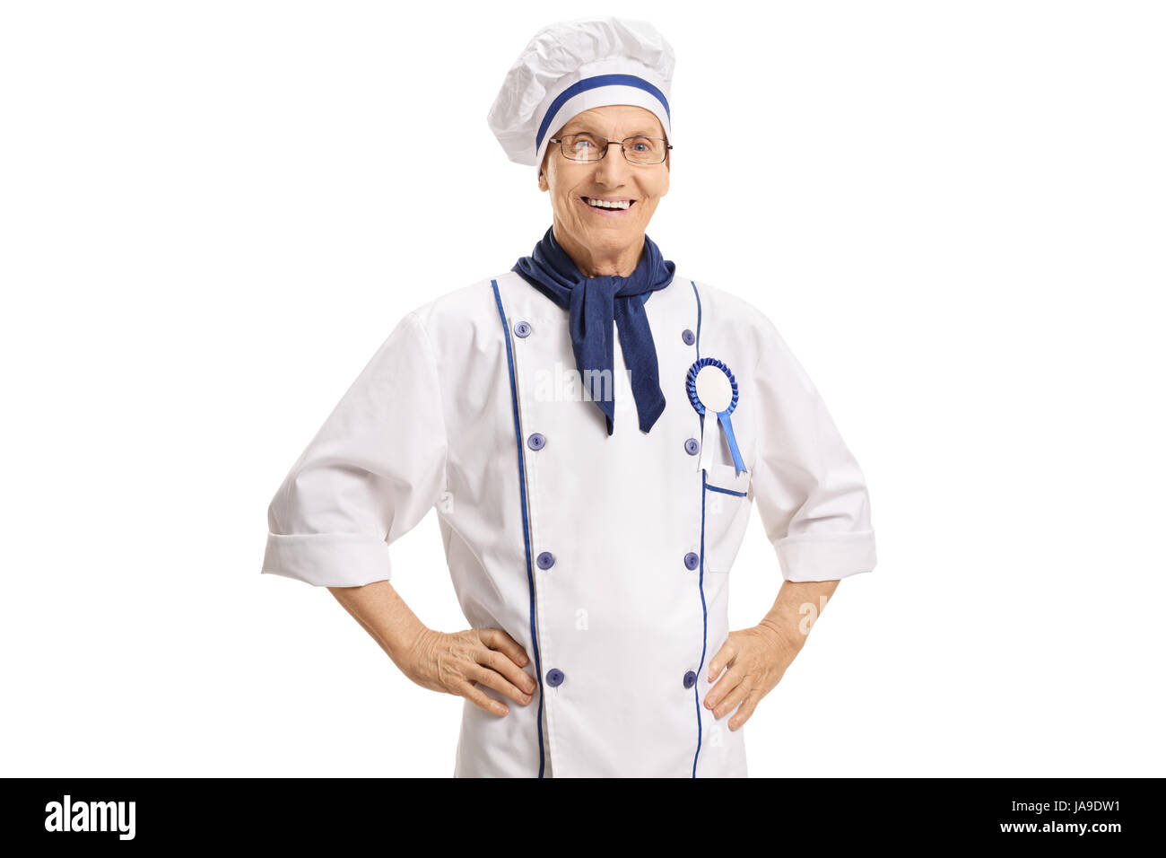 Chef with an award ribbon looking at the camera and smiling isolated on ...