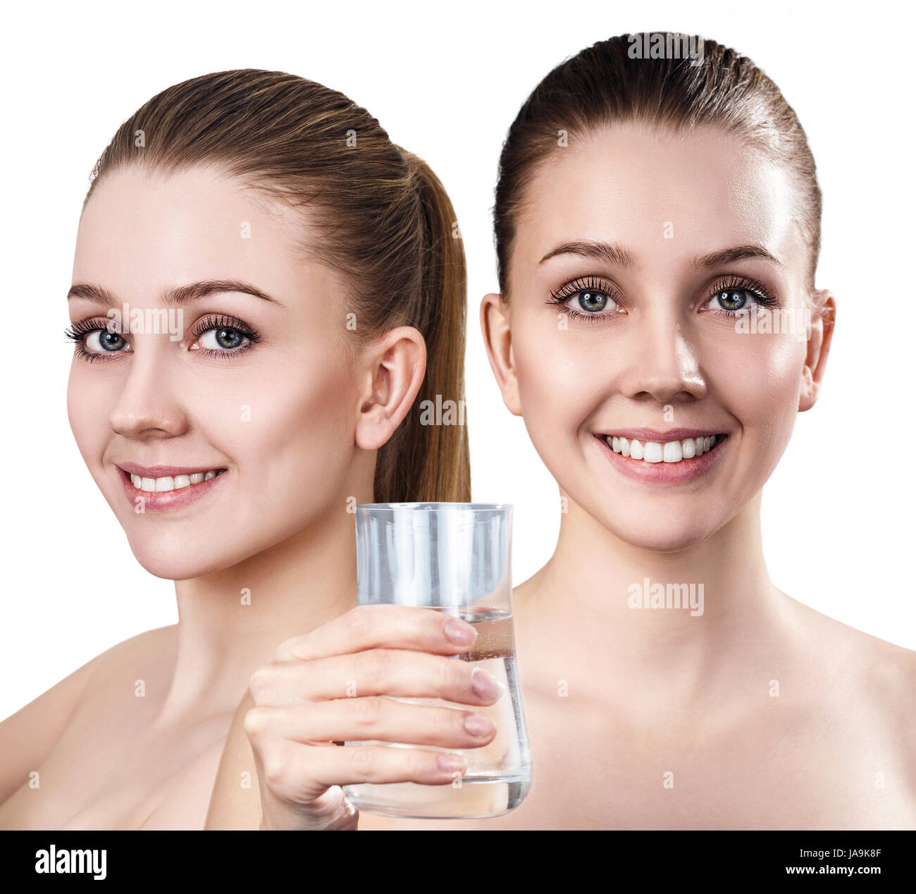 Young woman shows useful properties of clean water for skin Stock Photo ...