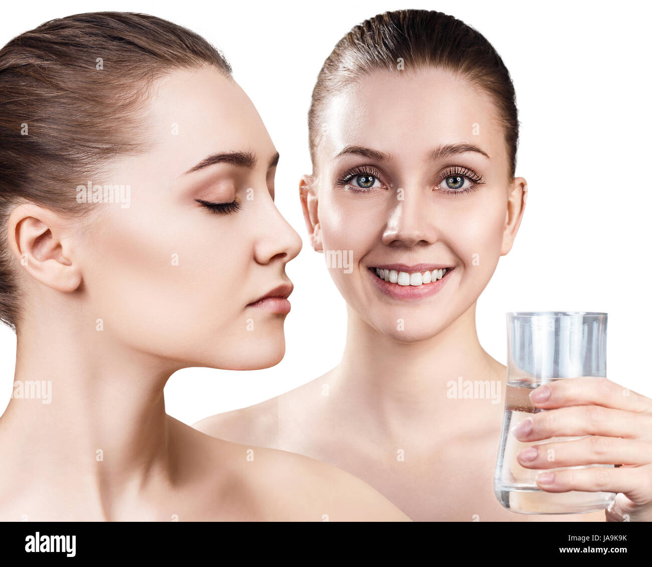 Young women show useful properties of clean water for skin Stock Photo ...