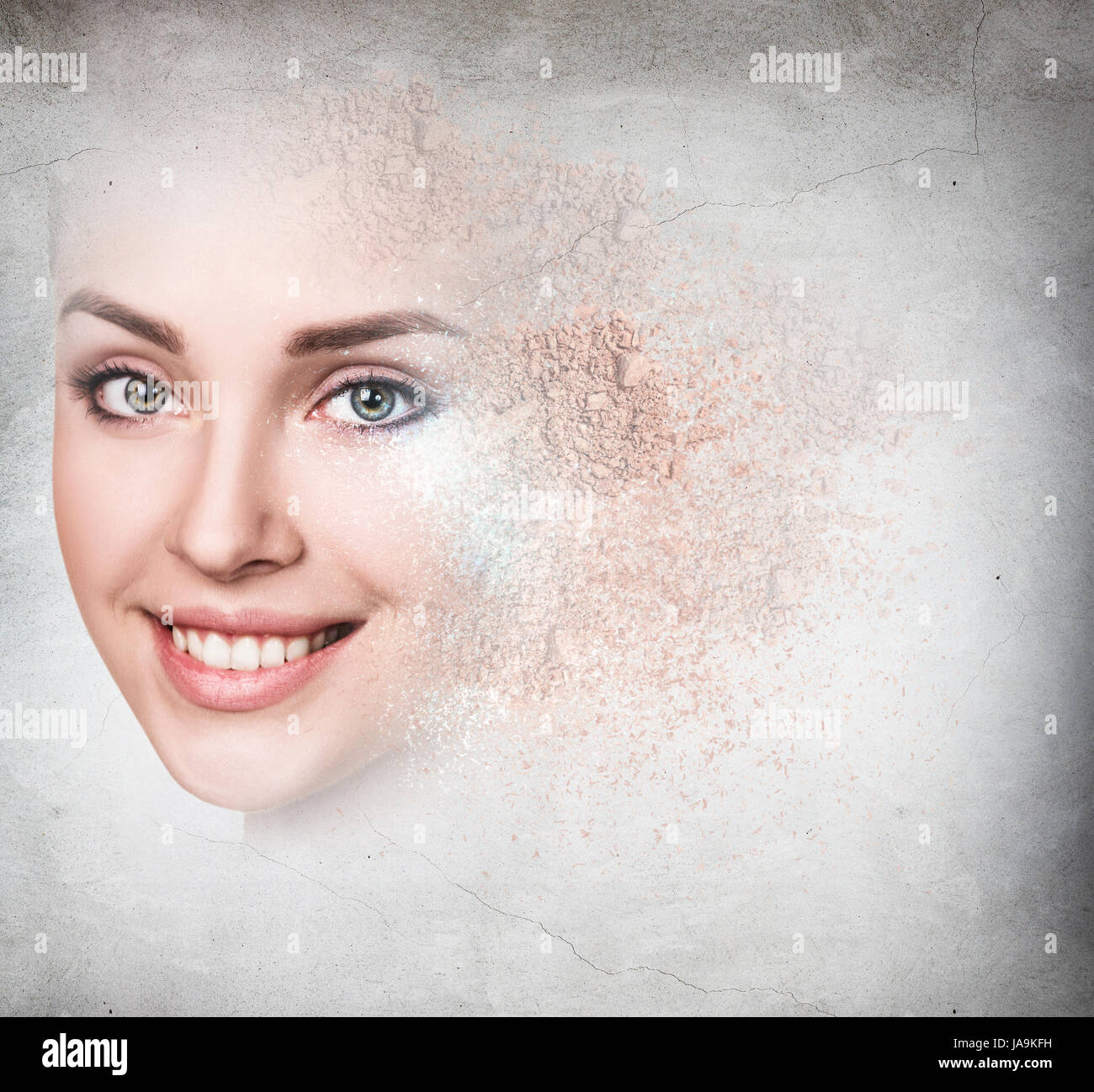 Woman face made from crumbly powder over gray wall background Stock ...