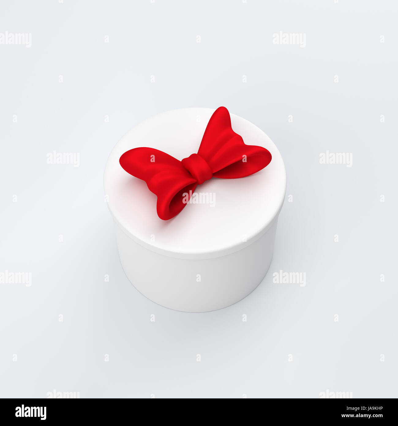 Three blank 3D round gift boxes with red bow over gray background. 3D ...