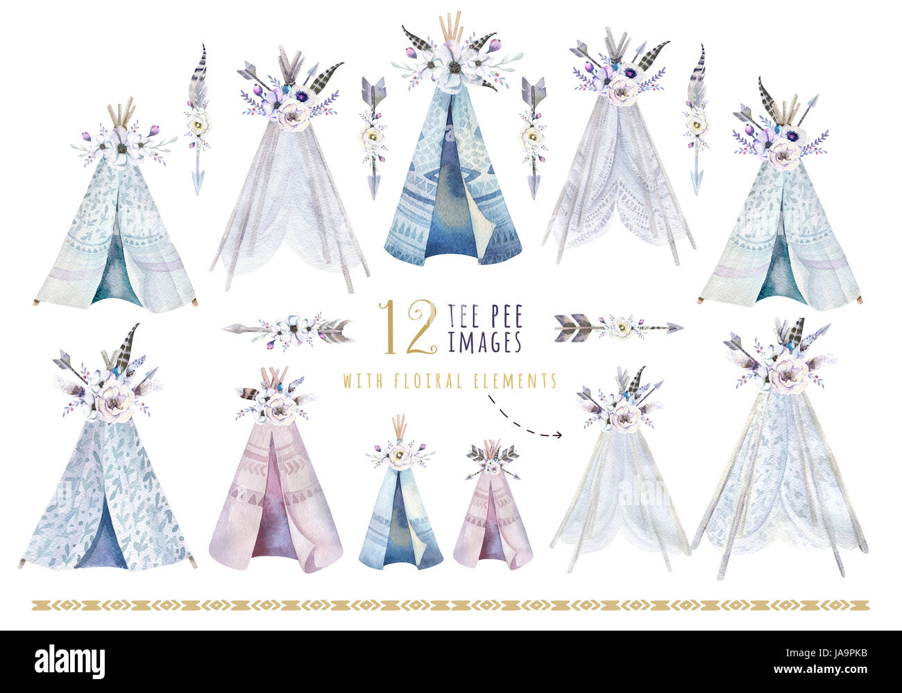 Hand drawn watercolor tribal teepee, isolated white campsite tent. Boho ...