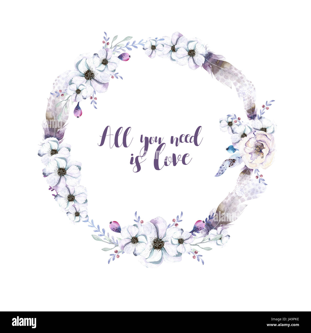 Watercolor floral boho flower wreath. Watercolour natural frame: leaves ...