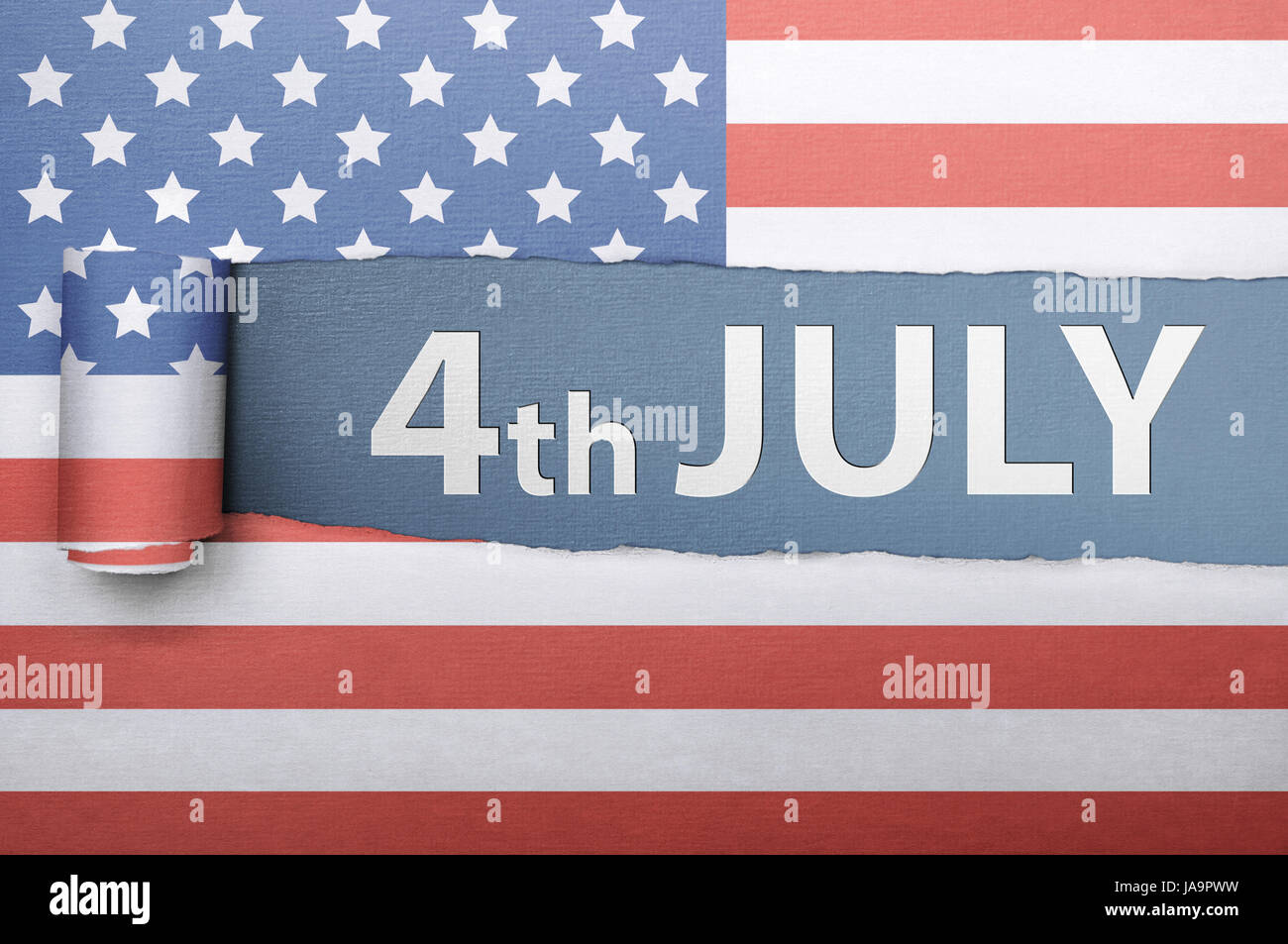 Ripped american flag paper with Fourth 4th of July greetings over blue ...