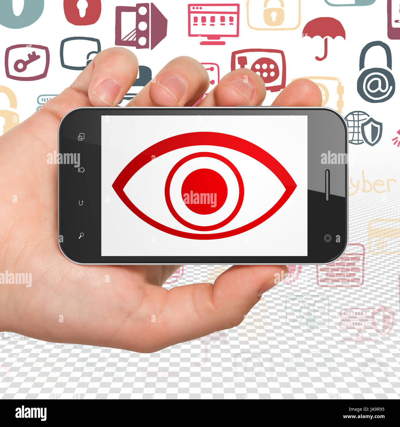 Security concept: Hand Holding Smartphone with Eye on display Stock ...