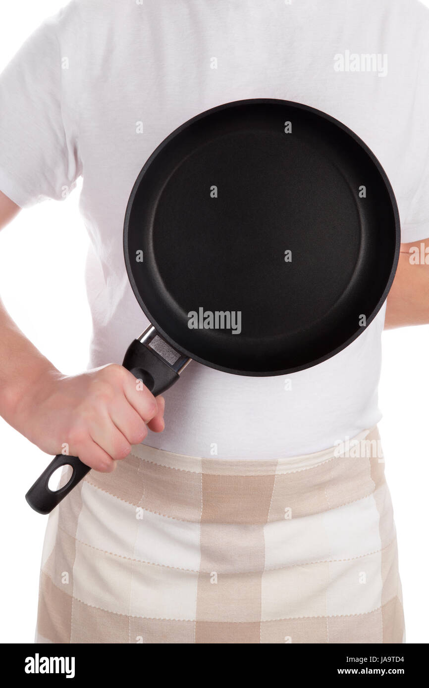 Chef holding frying pan isolated on white background. Cooking concept ...