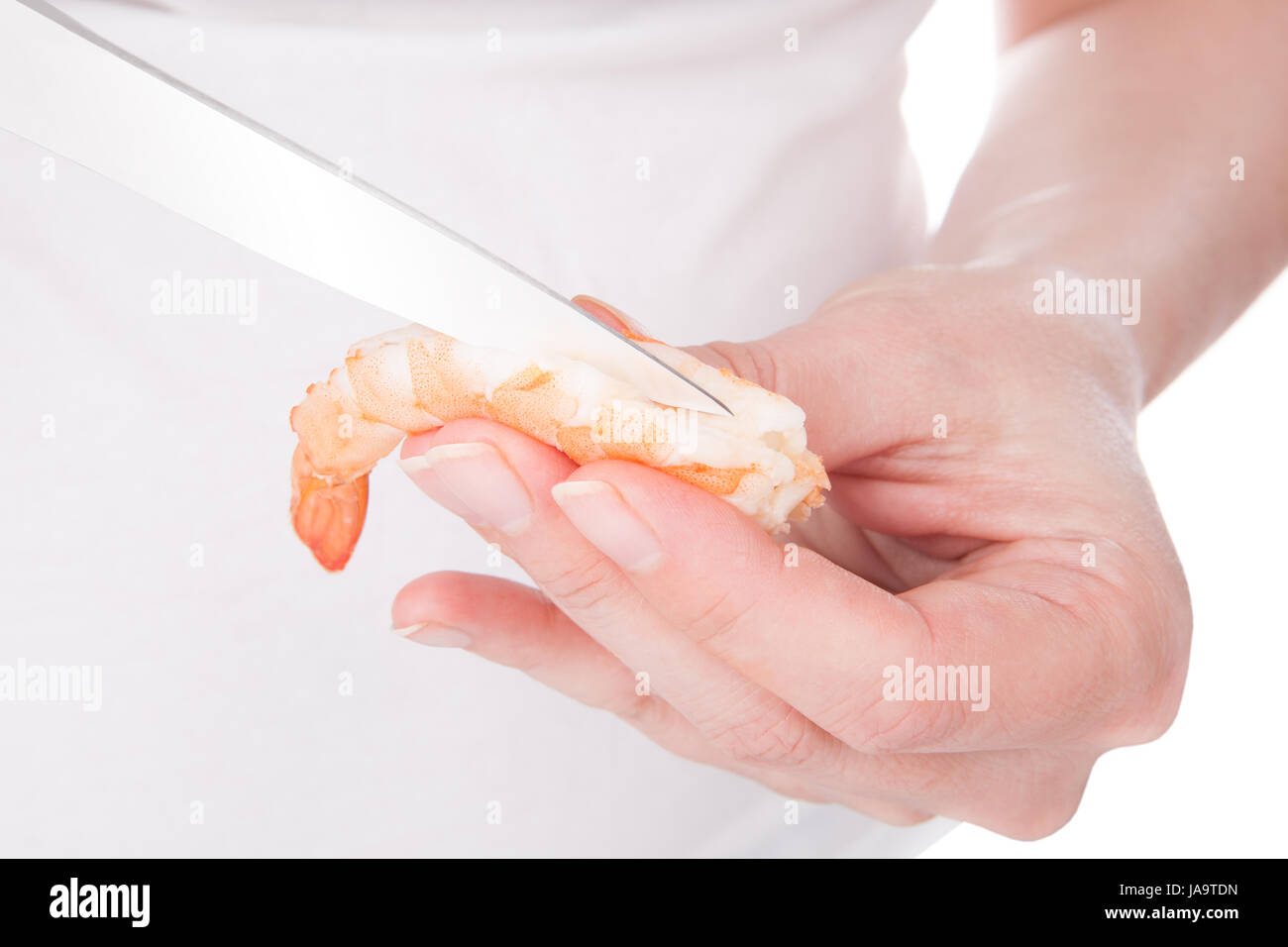 Shrimp cutting. Chef opening shrimp. Culinary seafood cooking Stock ...