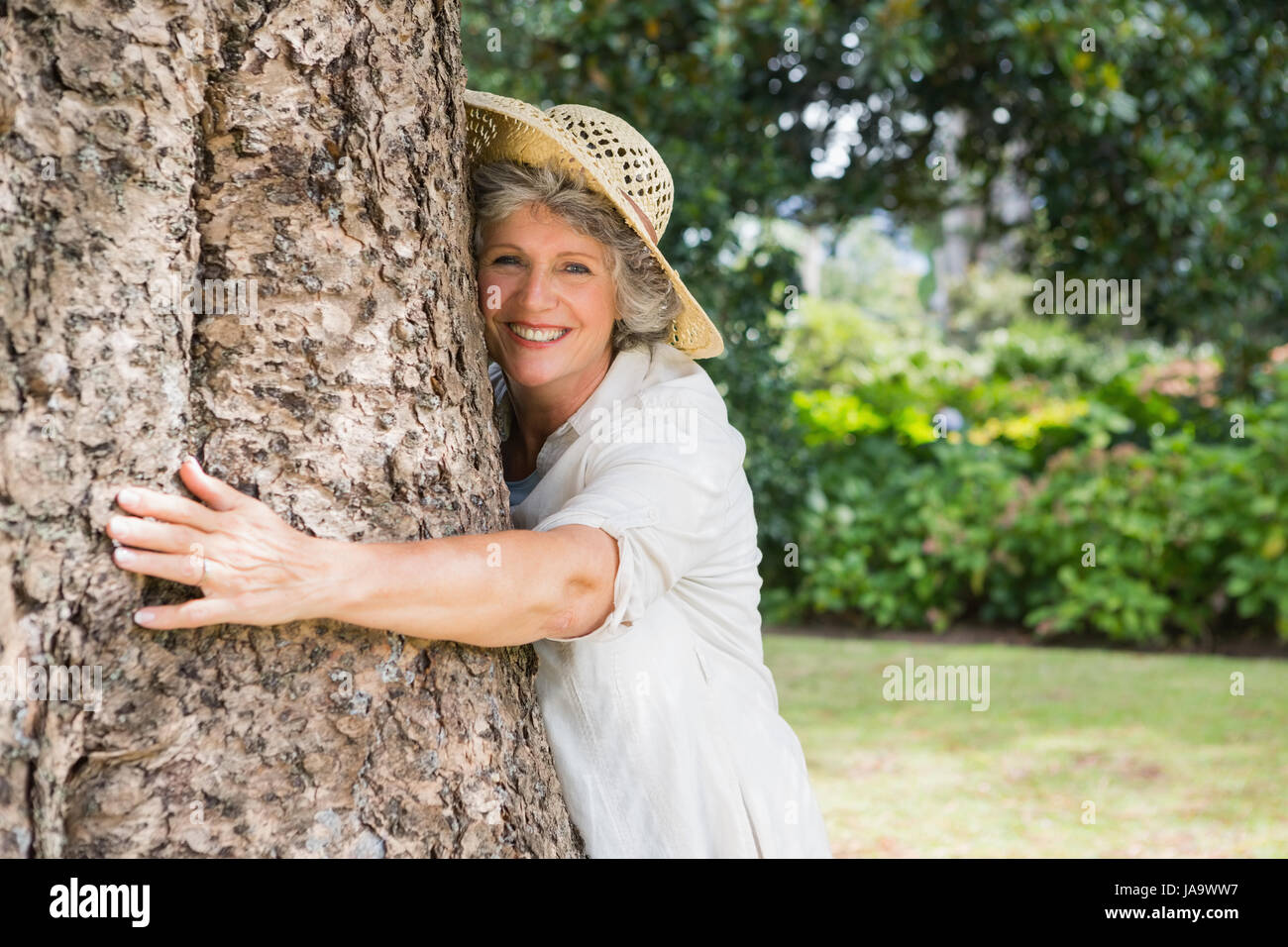 Retired woman hugging a tree smiling at camera in the park Stock Photo ...